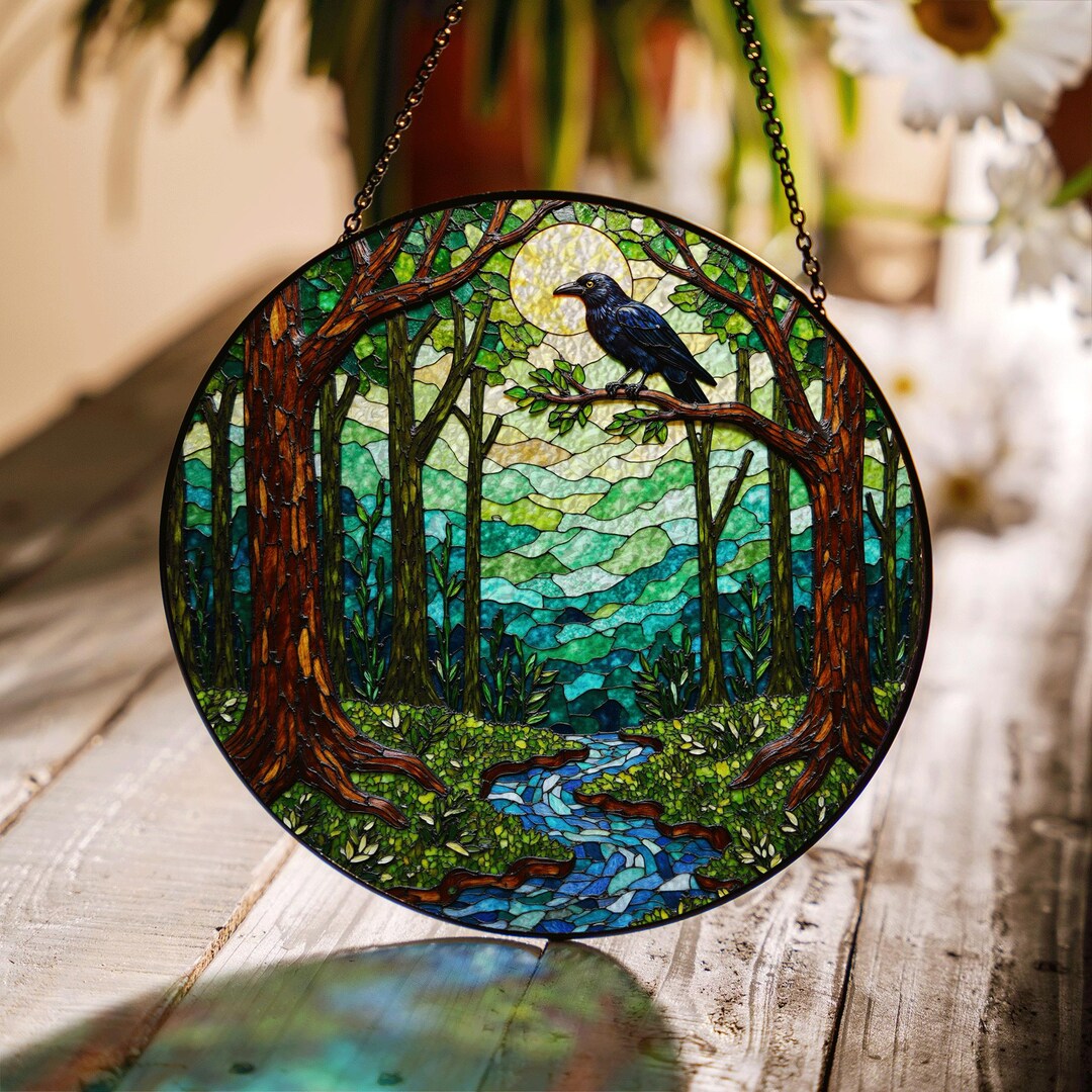 Raven in Enchanted Forest Stained Glass Suncatcher for Bird Lovers - Etsy