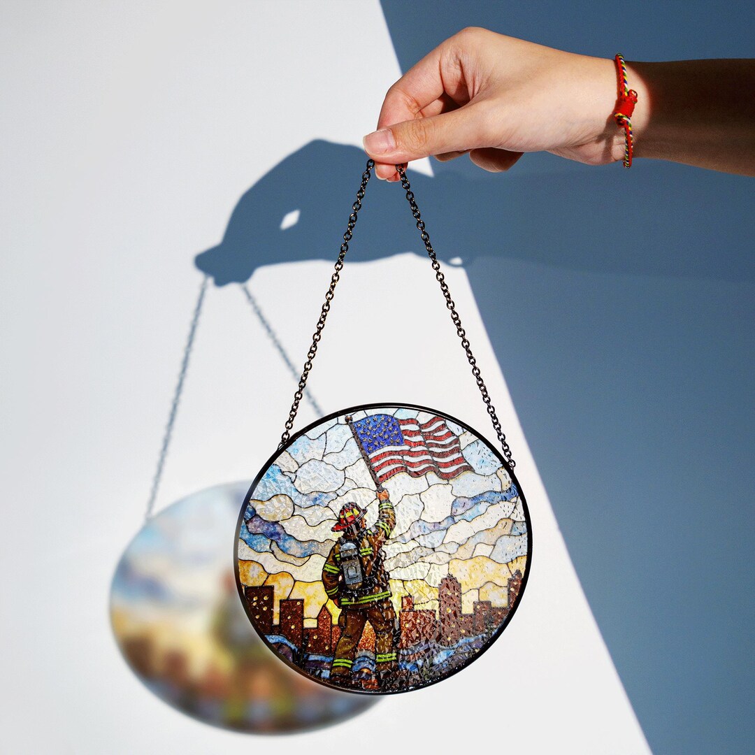 Firefighter Holding USA Flag Patriotic Stained Glass Suncatcher Window ...