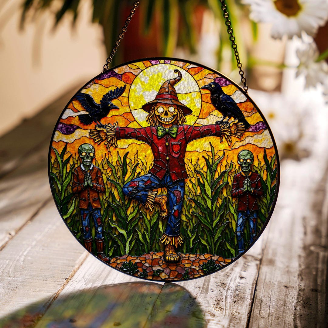 Suncatcher Stained Glass Scarecrow With Crows and Zombies Halloween ...