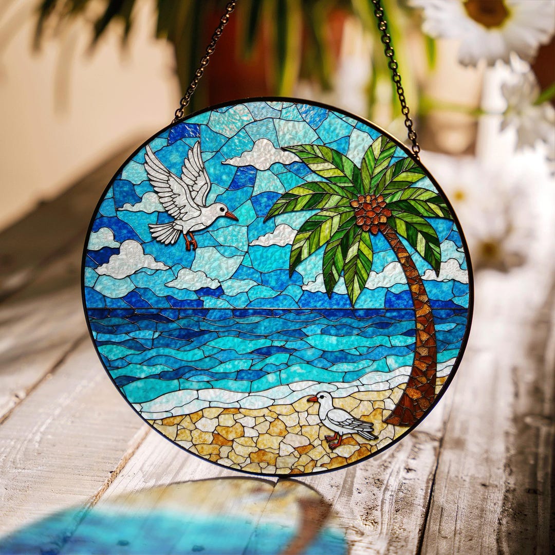 Ocean View Palm Tree Birds Art Glass Suncatcher Window Decor Gift for ...