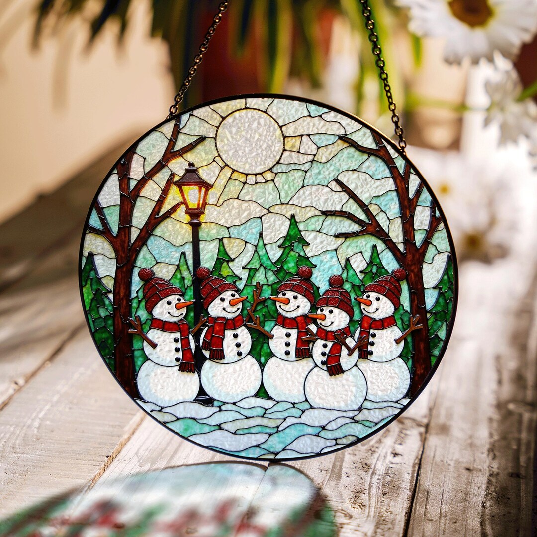 Snowman Family Winter Scene Stained Glass Style Round Suncatcher ...