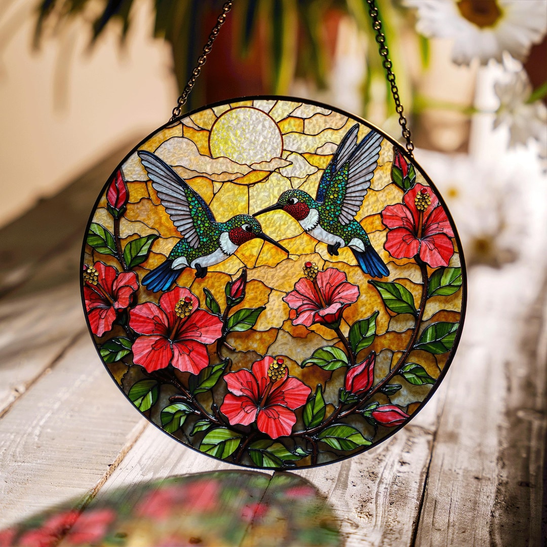 Hummingbirds and Hibiscus Round Stained Glass Suncatcher Window Decor ...