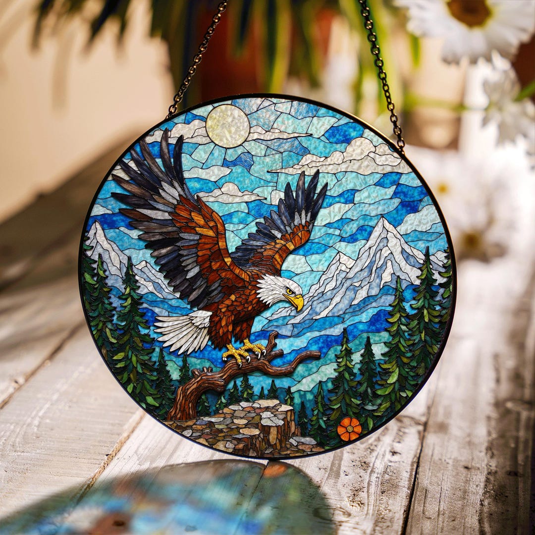 Bald Eagle Soaring Over Mountain Pines Round Suncatcher Window Decor ...