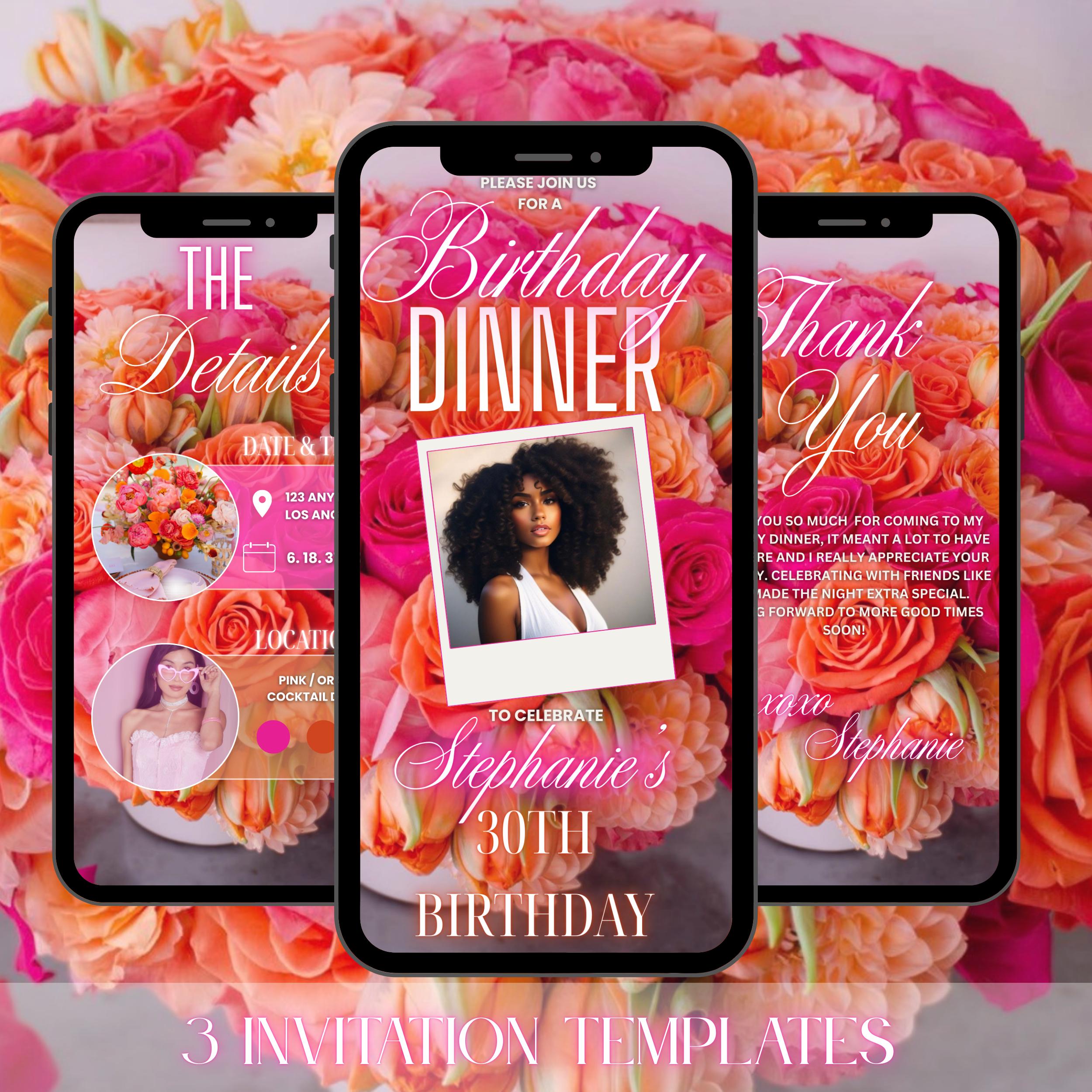 Pink and Orange Birthday Dinner Invitation, Birthday Dinner Invitation ...