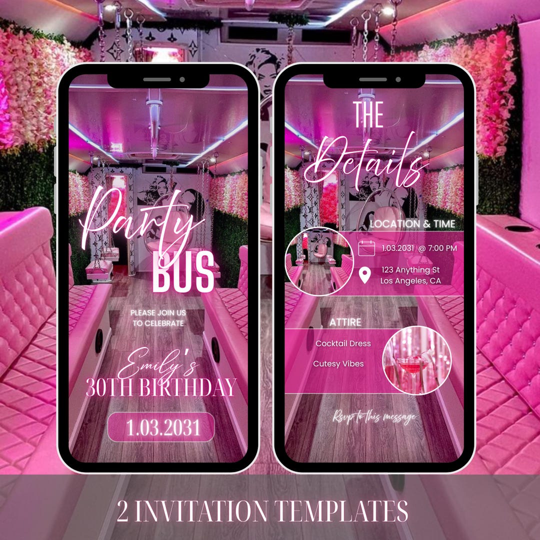 Party Bus Invitation, Pink Animated Party Bus Invitation, Vip Party Bus ...