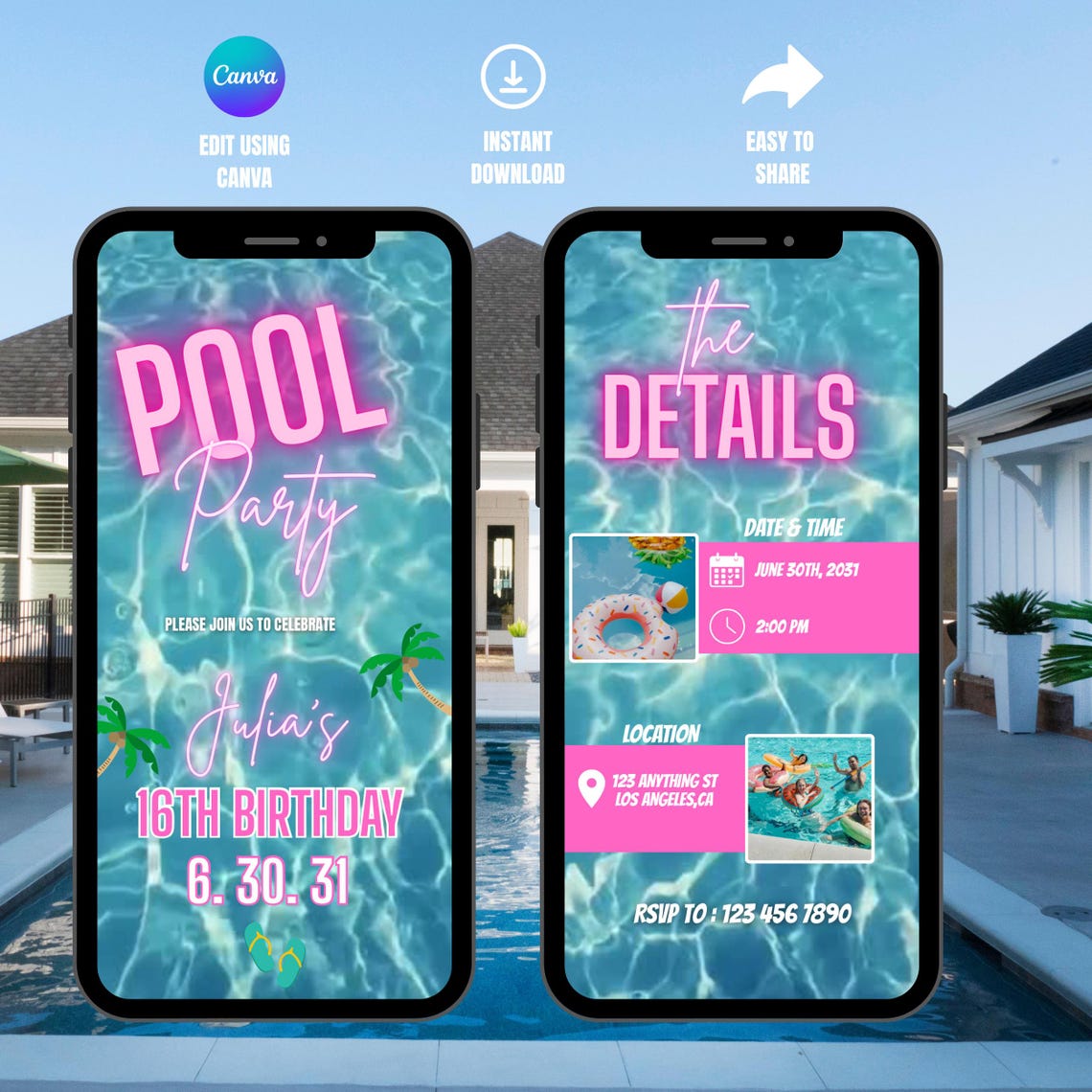 Pool Party Invitation, Editable Pool Party, Digital Party Invitation ...
