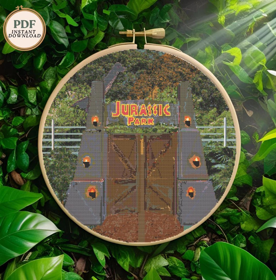 Jurassic-inspired Cross Stitch Pattern – Welcome Gate & Brontosaurus ...