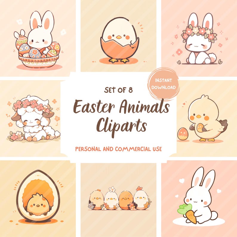 Kawaii Easter Clipart | Cute Bunny, Chick, Lamb | Digital PNG Instant ...