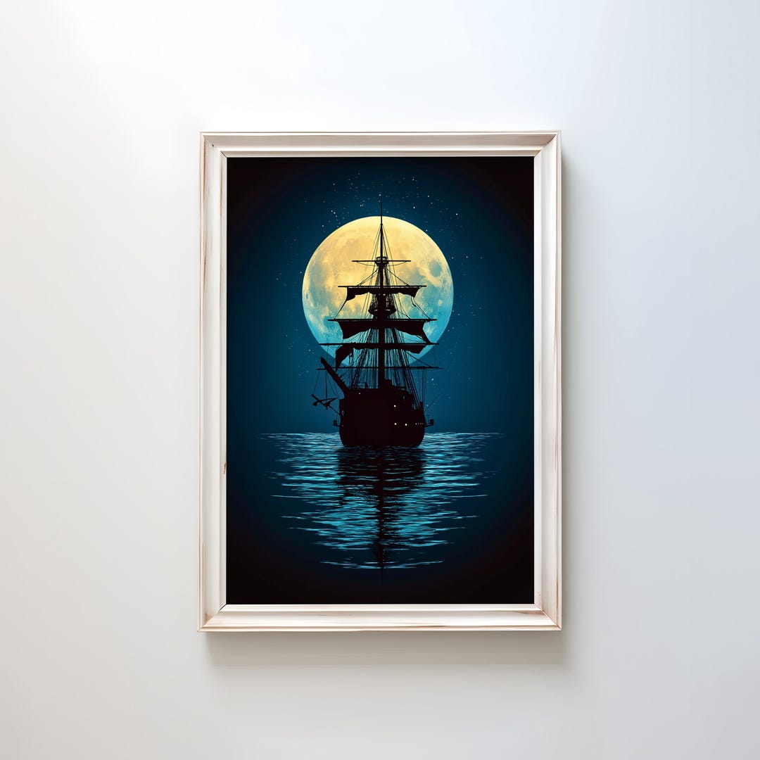 Minimalist Pirate Ship Silhouette Print | Nautical Wall Art | Black and ...