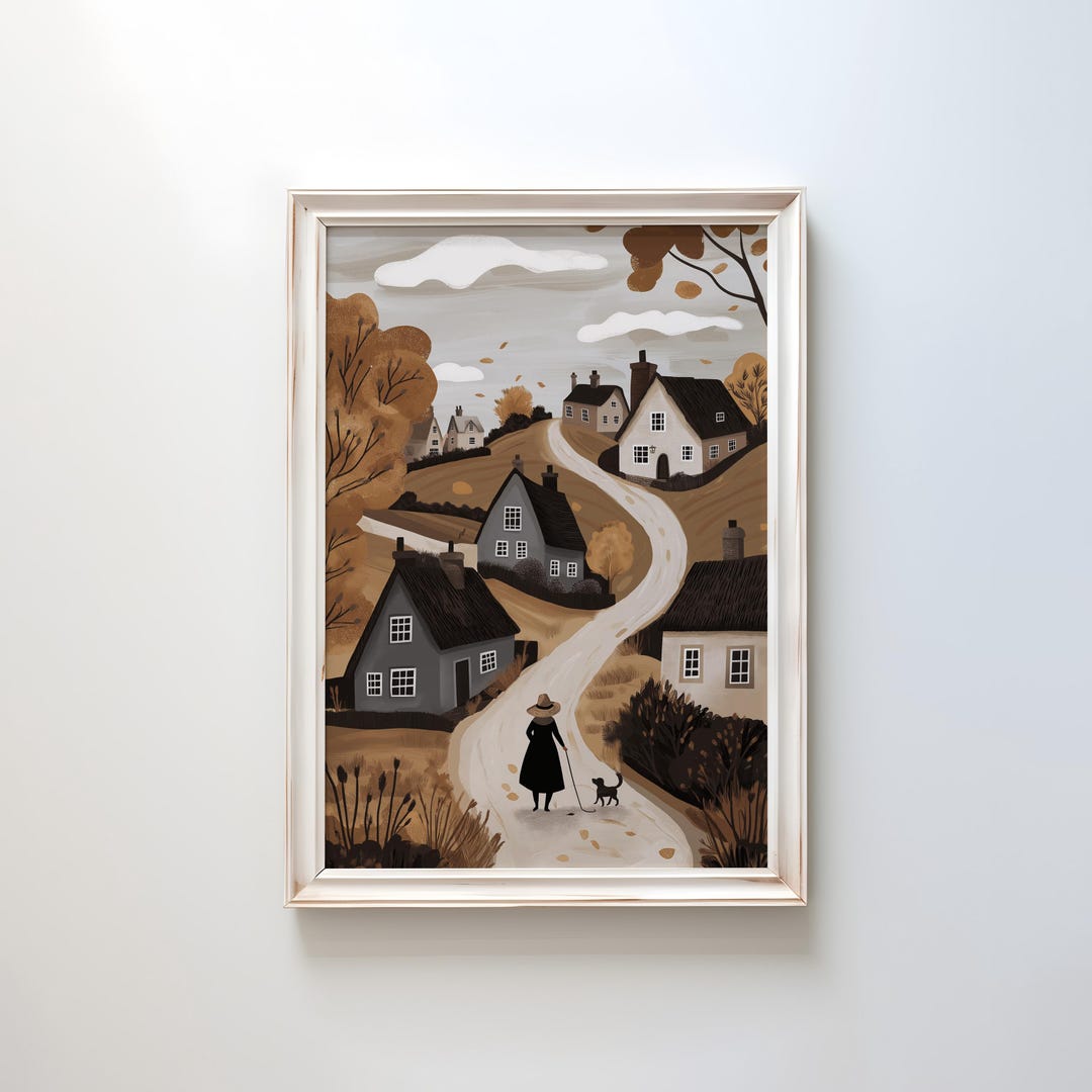 Autumn English Countryside Art | Rustic Folk Village Print | Cozy ...