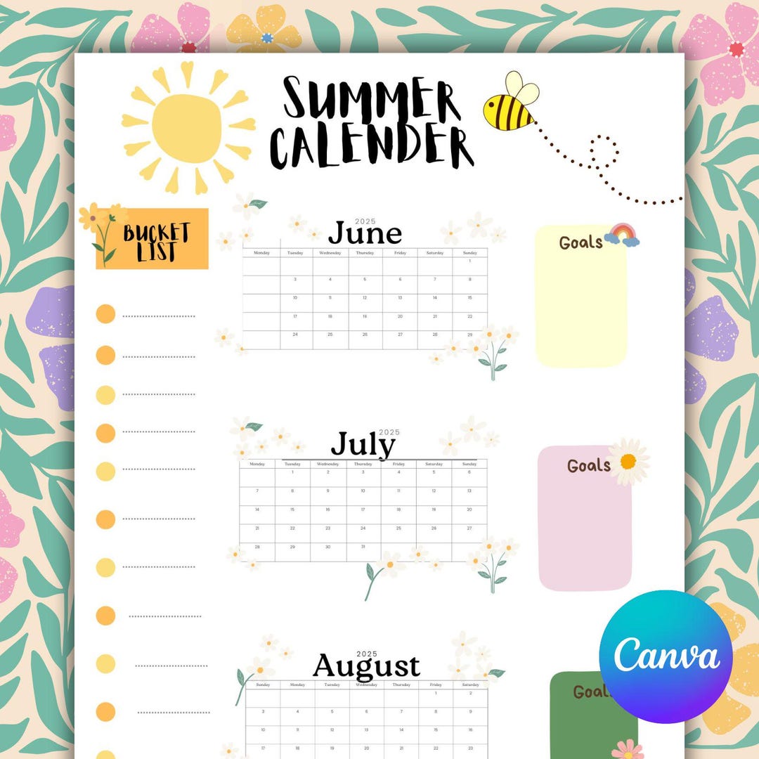 Printable Summer Calendar Poster, Summer Activities Calendar, Bucket ...