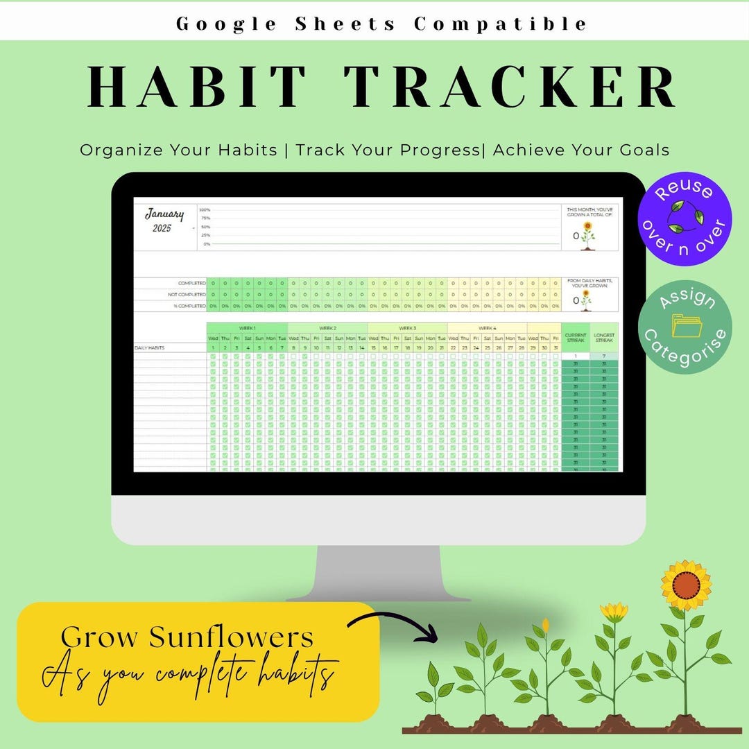 Habit Tracker Excel Spreadsheet 2026: Daily Goal Planner Google Sheets ...