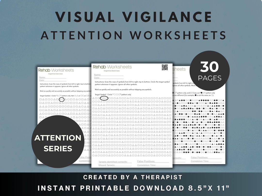 Visual Vigilance Task (30 Worksheets) - Attention Bundle Cognitive ...