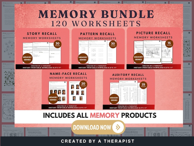 Memory Worksheet Bundle | 120 Worksheets for Memory Therapy, Cognitive ...
