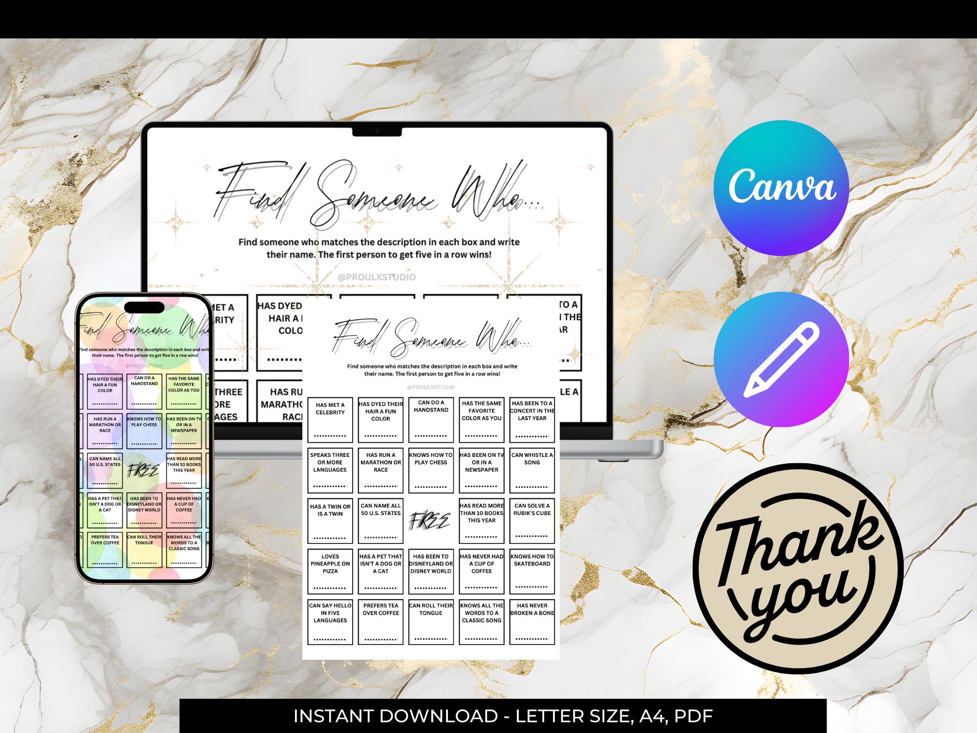 Find Someone Who Icebreaker Bingo | Printable Party Game | Fun Team ...