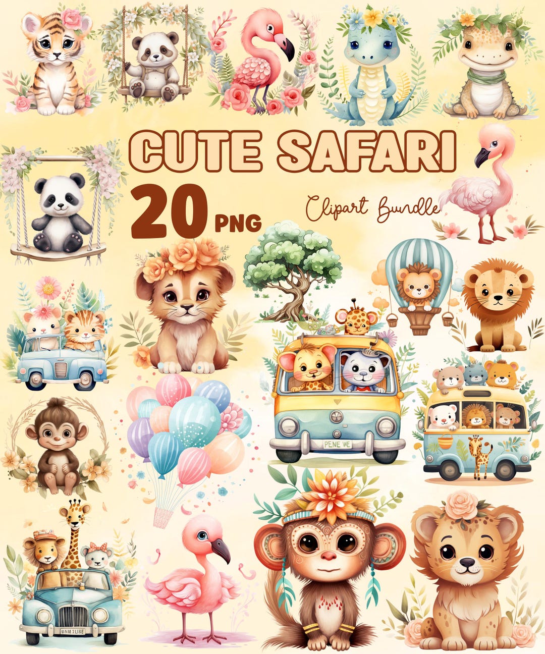 Cute Safari Clipart Bundle PNG, Cute Jungle PNG, Boho Jungle Clipart ...