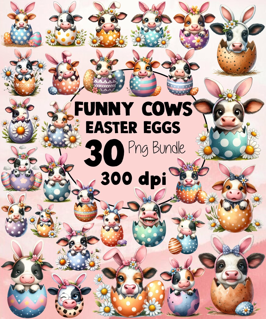 Cute Easter Cows Clipart Bundle, Cattle Stickers, Adorable Baby Wall ...