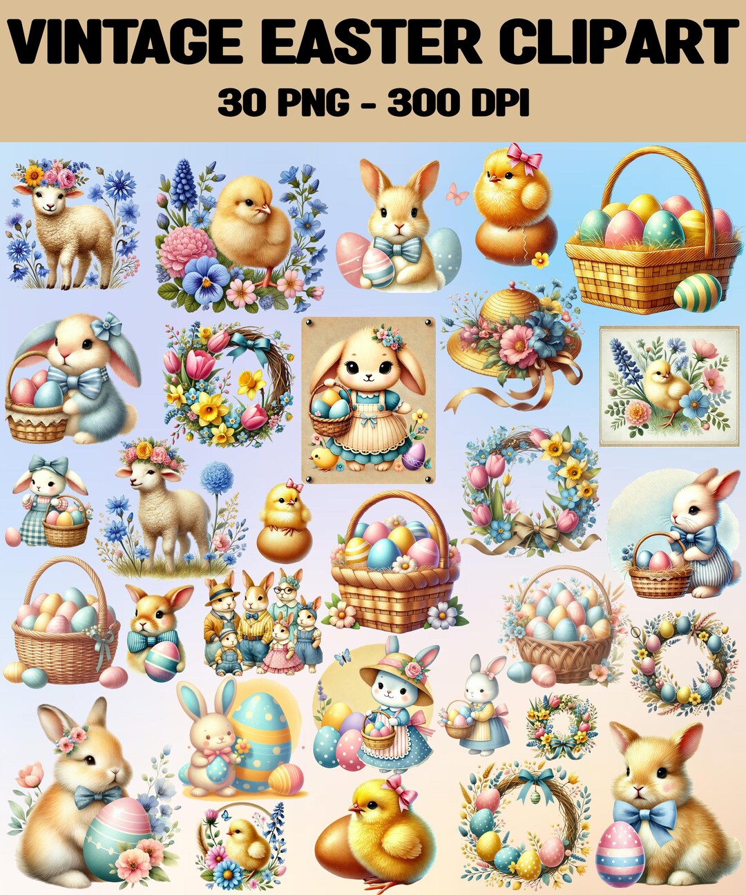 Vintage Easter Clipart PNG, Vintage Easter Bunny PNG, Cute Retro Spring ...