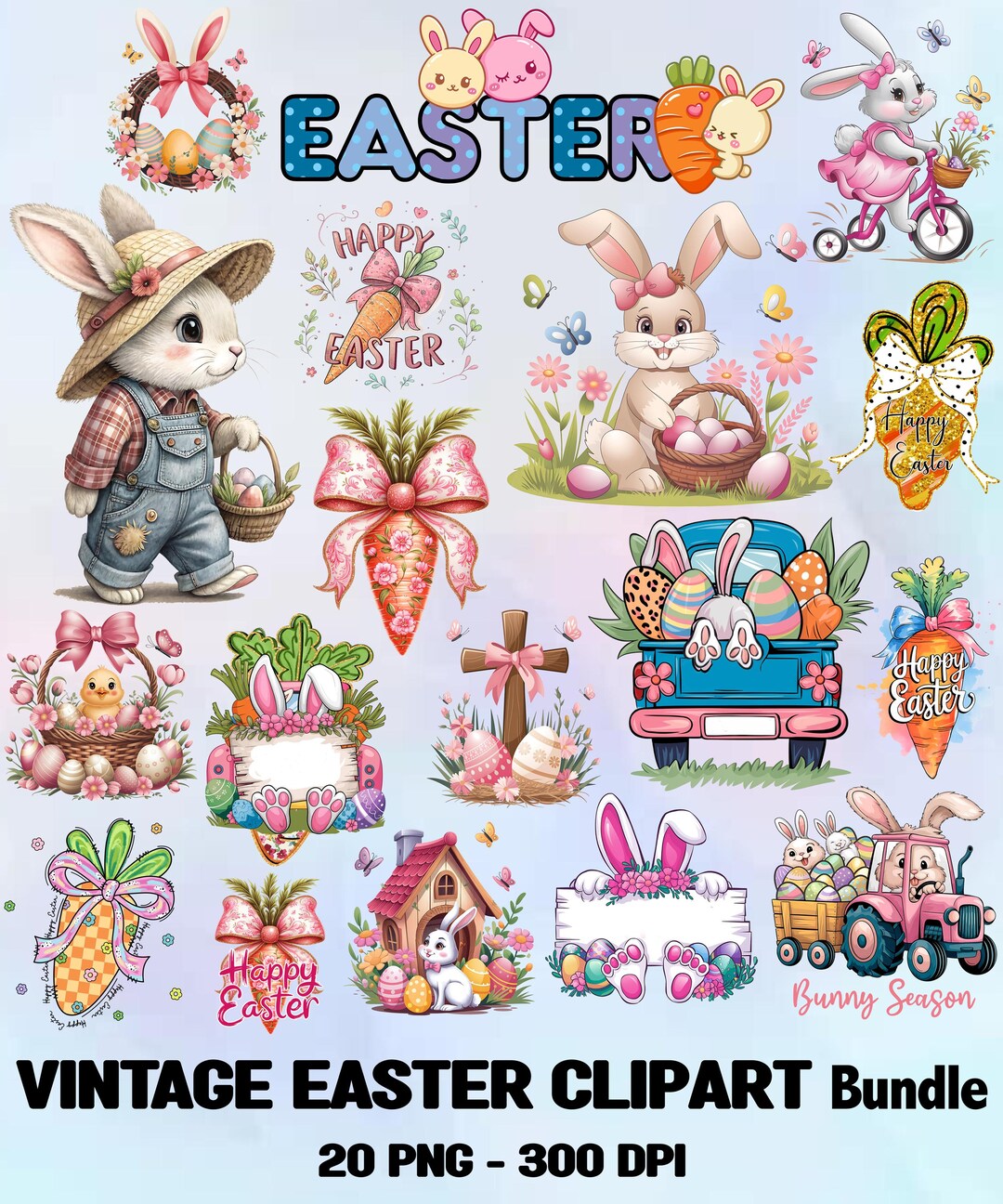 Vintage Easter Clipart Bundle, Happy Easter Bundle PNG, Easter PNG ...