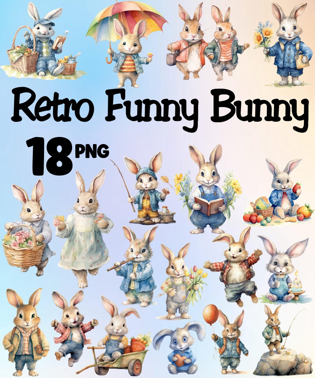 Retro Funny Bunny Clipart PNG, Vintage Easter Bunny Clipart, Cute Retro ...