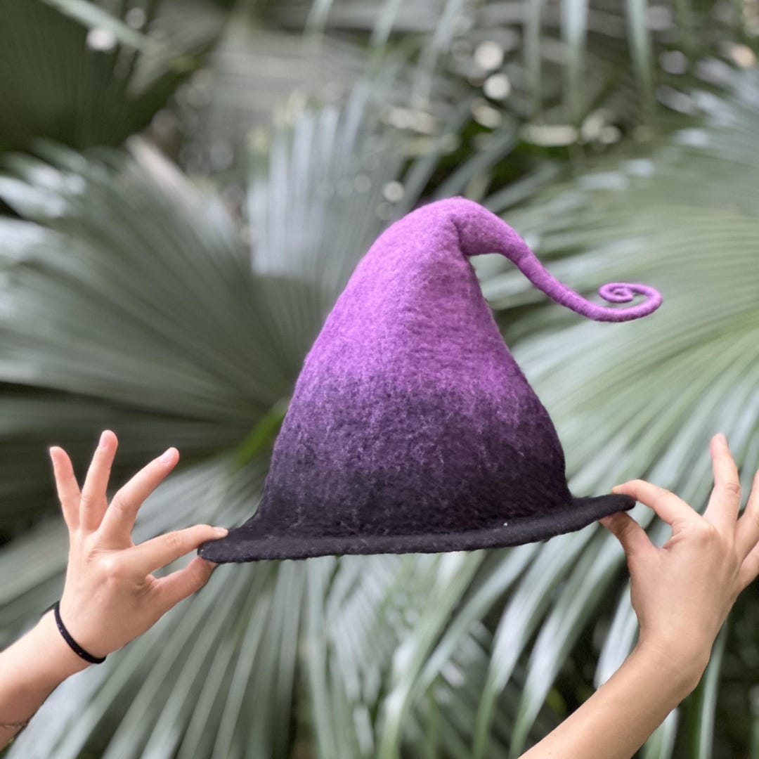 Purple Black Witch Hat, Wool Felt Hat, Felted Cap, Sauna Hat, Costume ...
