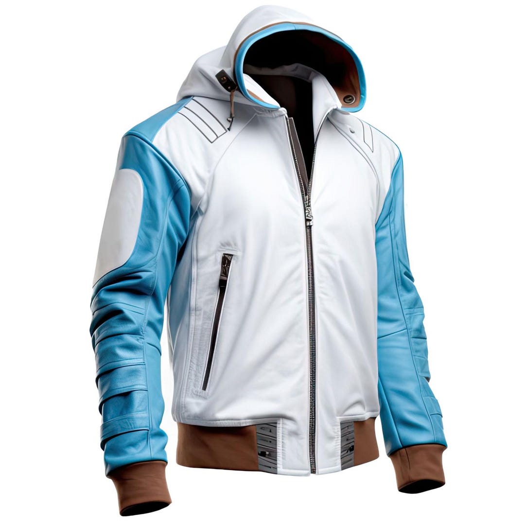 Men's Blue & White Sheepskin Hooded Zip-up Bomber Jacket Stylish Winter ...