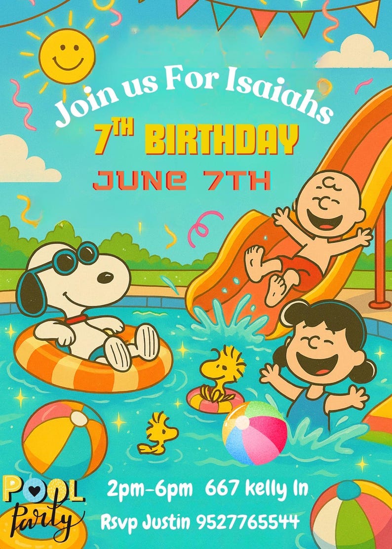 Editable Snoopy Pool Party Birthday Invitations - Etsy