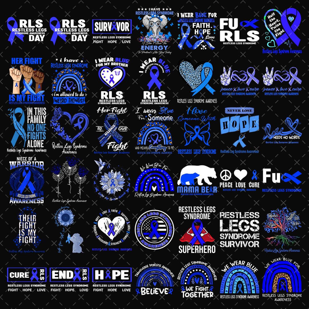 Restless Legs Syndrome Awareness PNG Bundle, RLS Warrior Ribbon, Blue ...