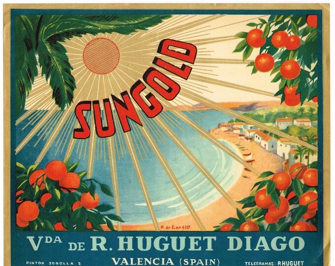 Original Vintage Spanish Citrus Crate Label 1930s Spain Sun Gold Coast ...