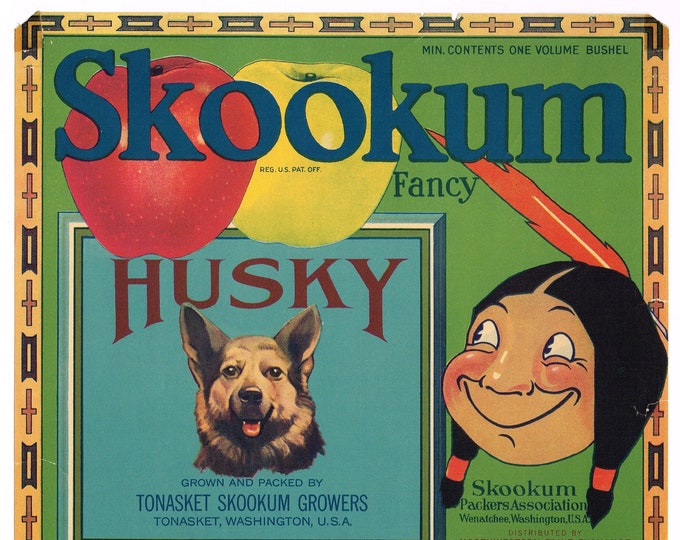 Original Vintage Apple Crate Label 1930s Skookum Tonasket Wenatchee ...