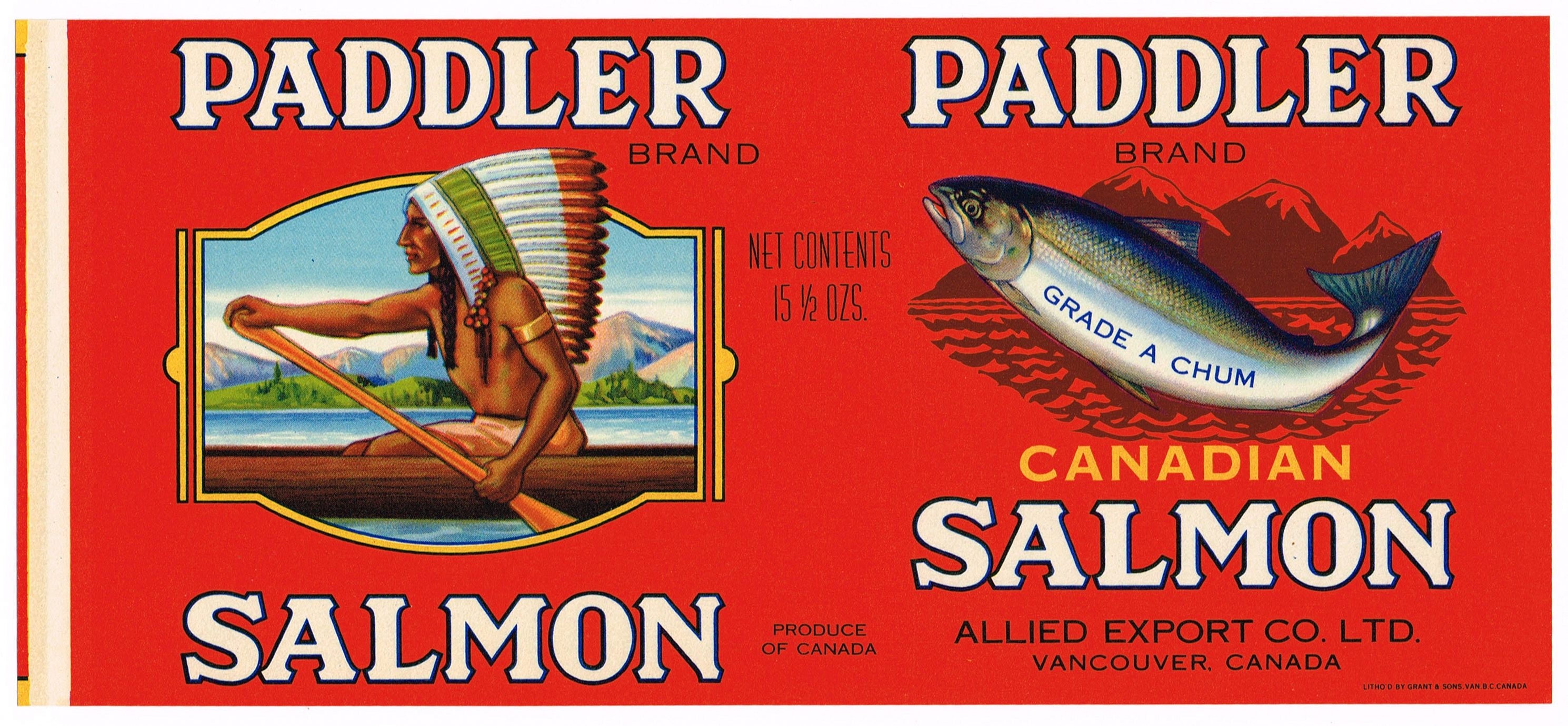 Original Vintage Tin Can Label 1950s Paddler American Indian Salmon ...