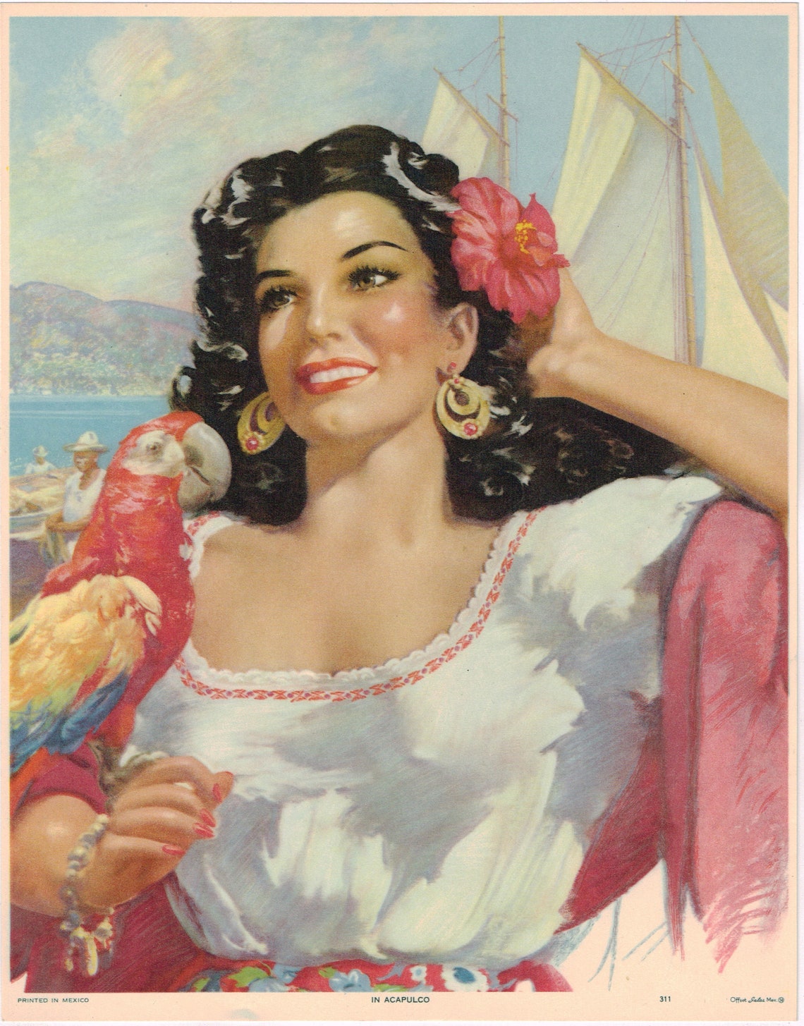 Original Vintage Mexican Calendar Print "in Acapulco" Pin up 1940s Girl ...