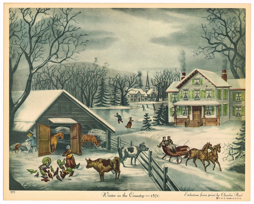 Original Vintage Print C1930s Winter in the Country Folk Art Xmas ...
