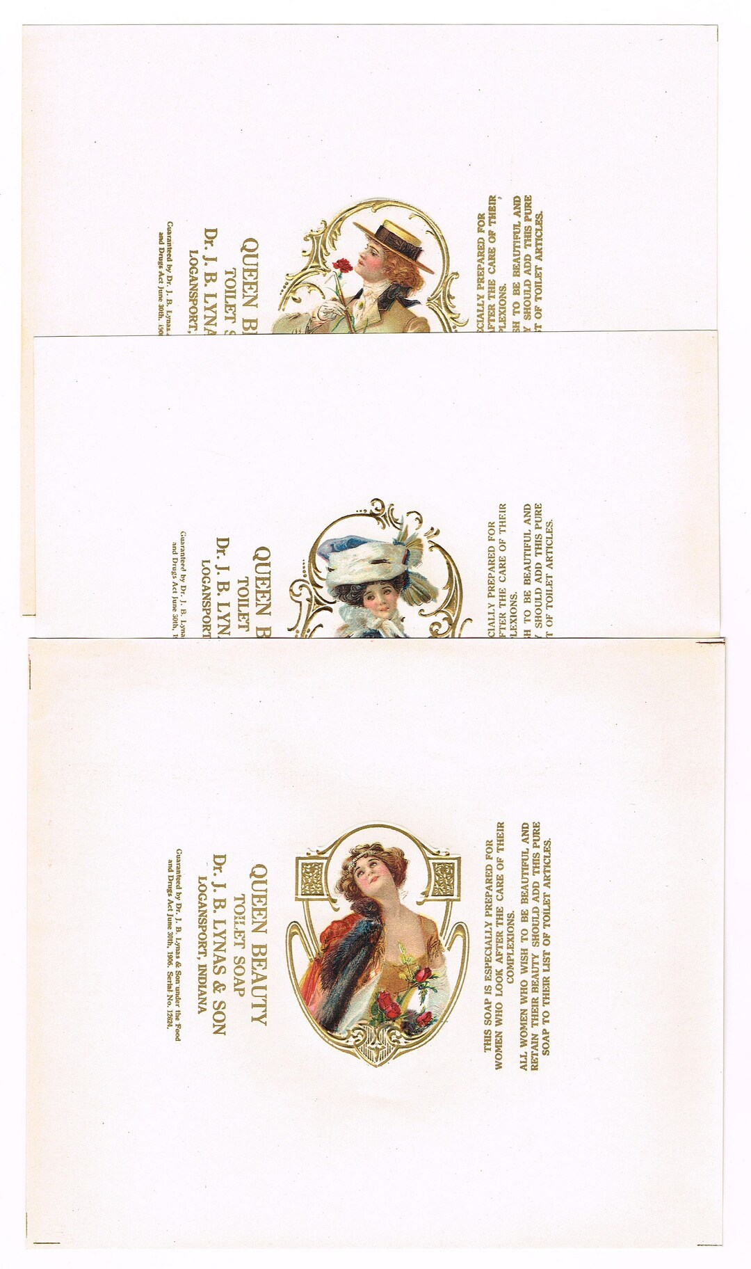 3 Different Original Vintage Soap Bar Labels C1910 Queen Beauty Art ...