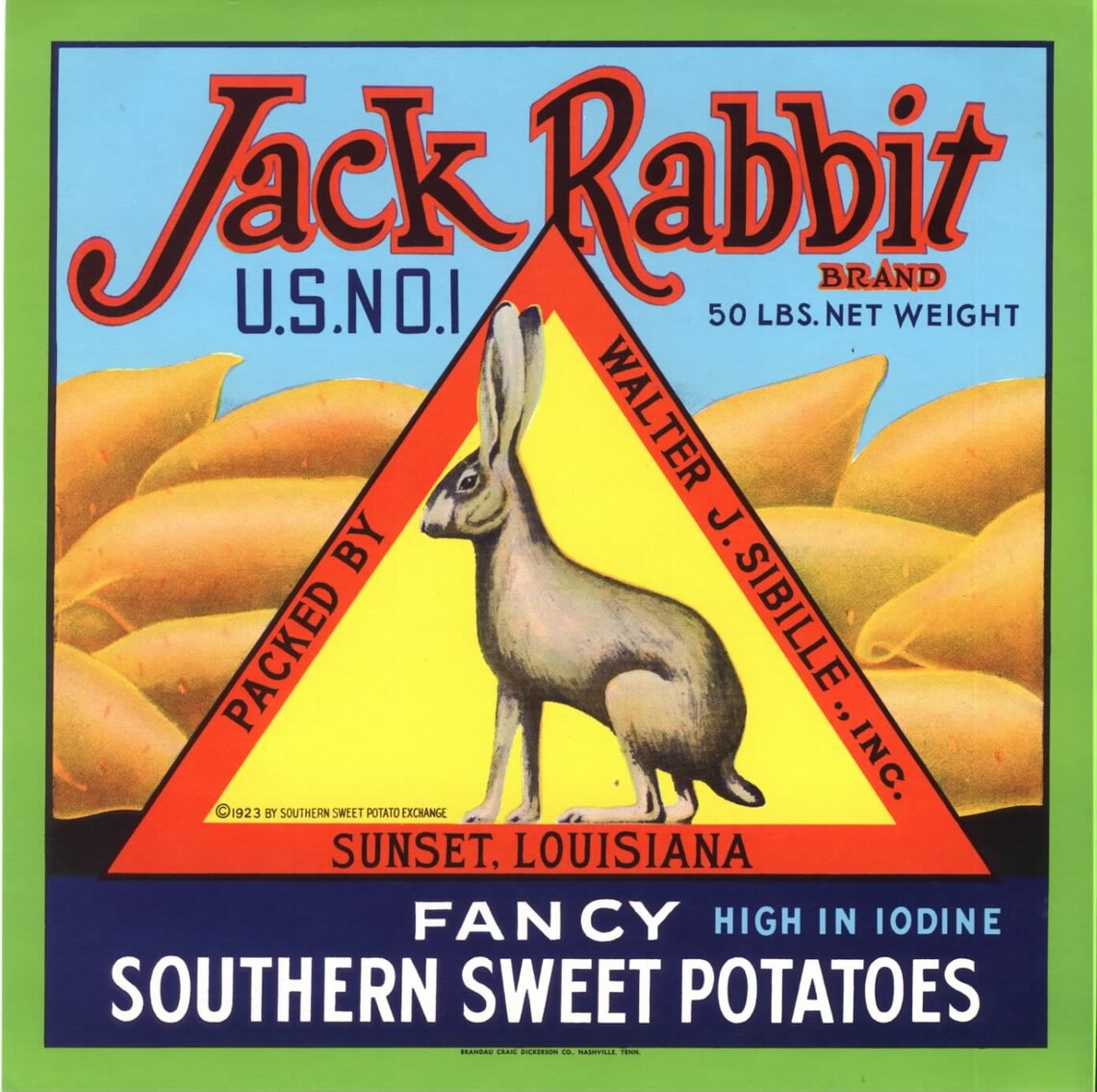 Original Vintage Yam Crate Label 1950s Sunset Louisiana Jack Rabbit ...