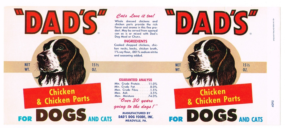Original Vintage Tin Can Label 1960s Dog Food Dads Meadville ...