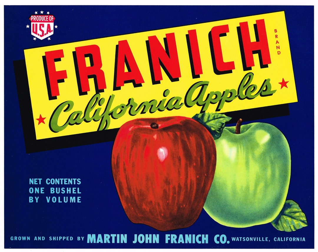 Original Vintage Apple Crate Label 1950s Franich Company Watsonville ...