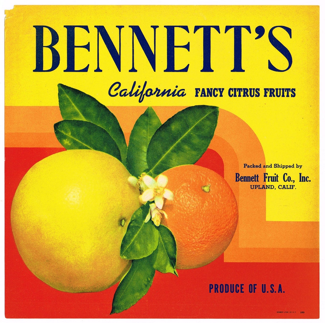 Original Vintage Citrus Crate Label 1950s Bennett Upland California Mid ...