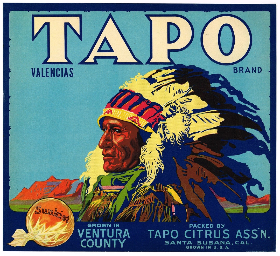 Original Vintage Citrus Crate Label 1930s Tapo American Indian Chief ...