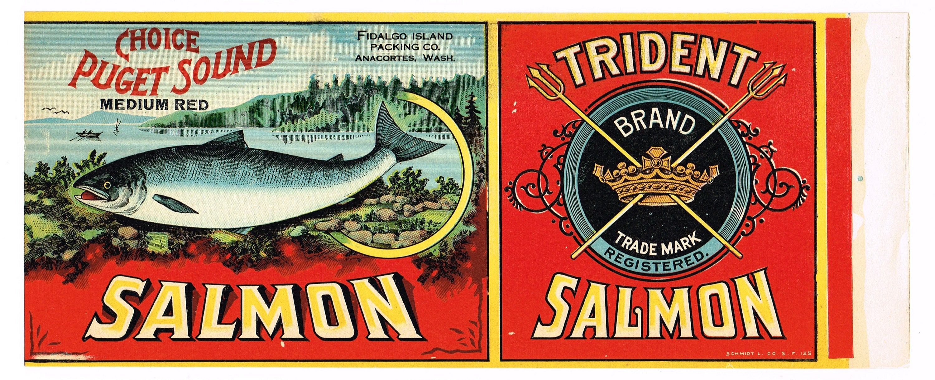 Original Vintage Tin Can Label C1915 Trident Puget Sound Salmon Fidalgo ...