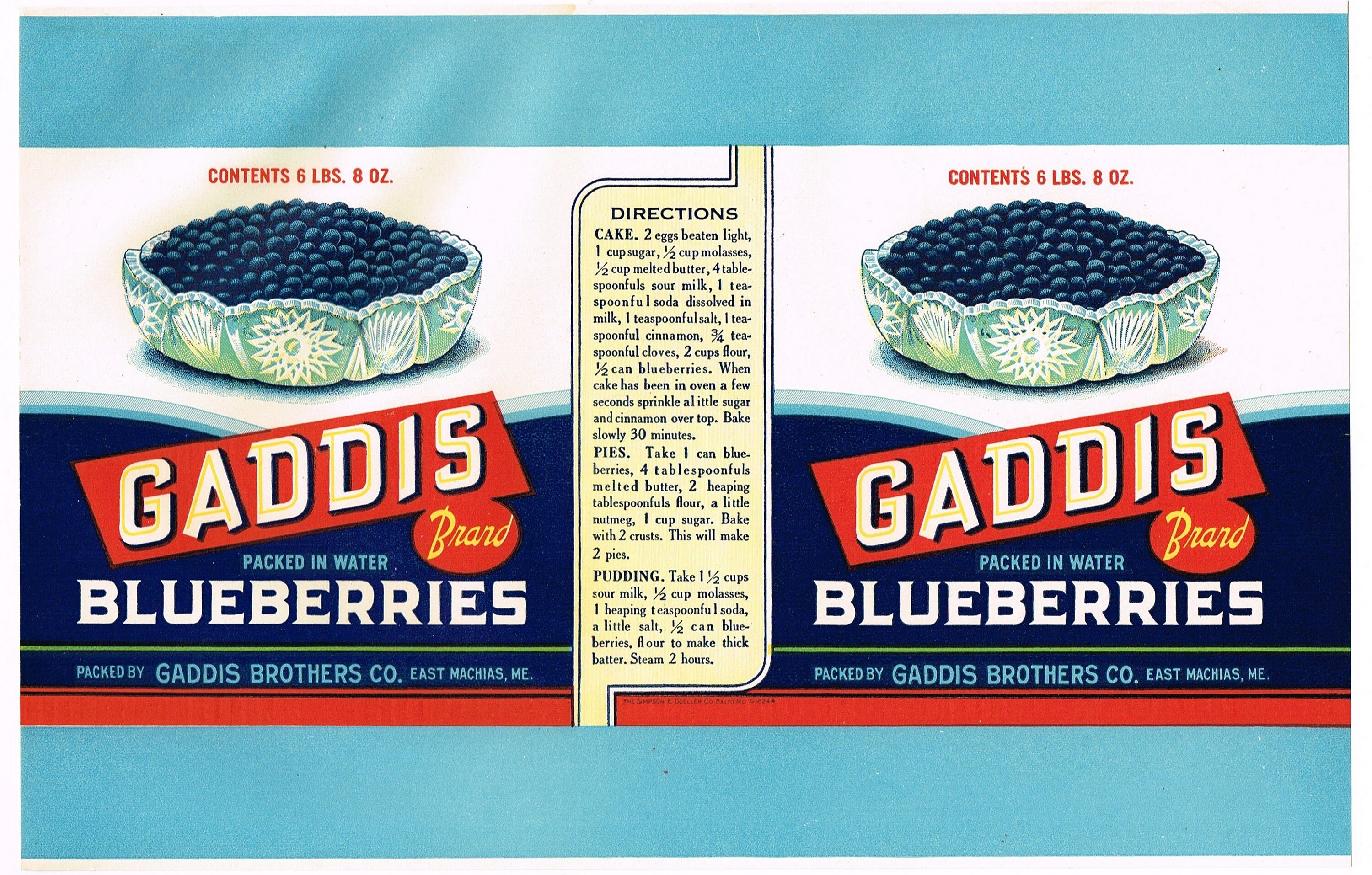 Original Vintage Tin Can Label 1930s Blueberry Pie Gaddis Brothers East ...