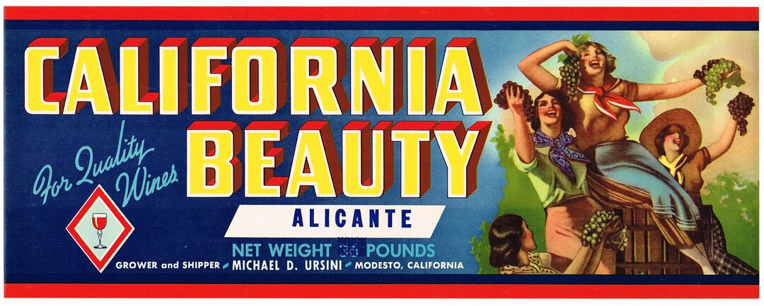 Original Vintage Grape Crate Label 1950s California Beauty Wine Grapes ...