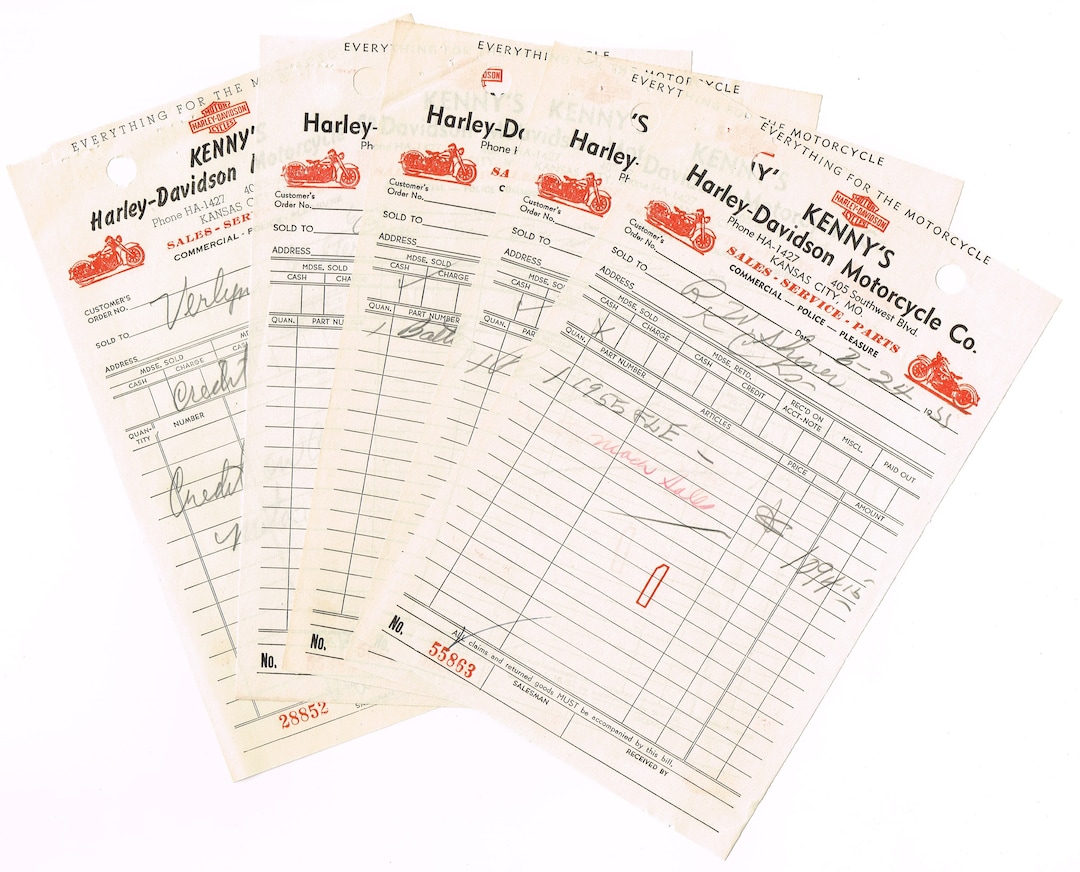 5 Original Harley Davidson Motorcycle Invoice Receipts 1955 Kansas City ...