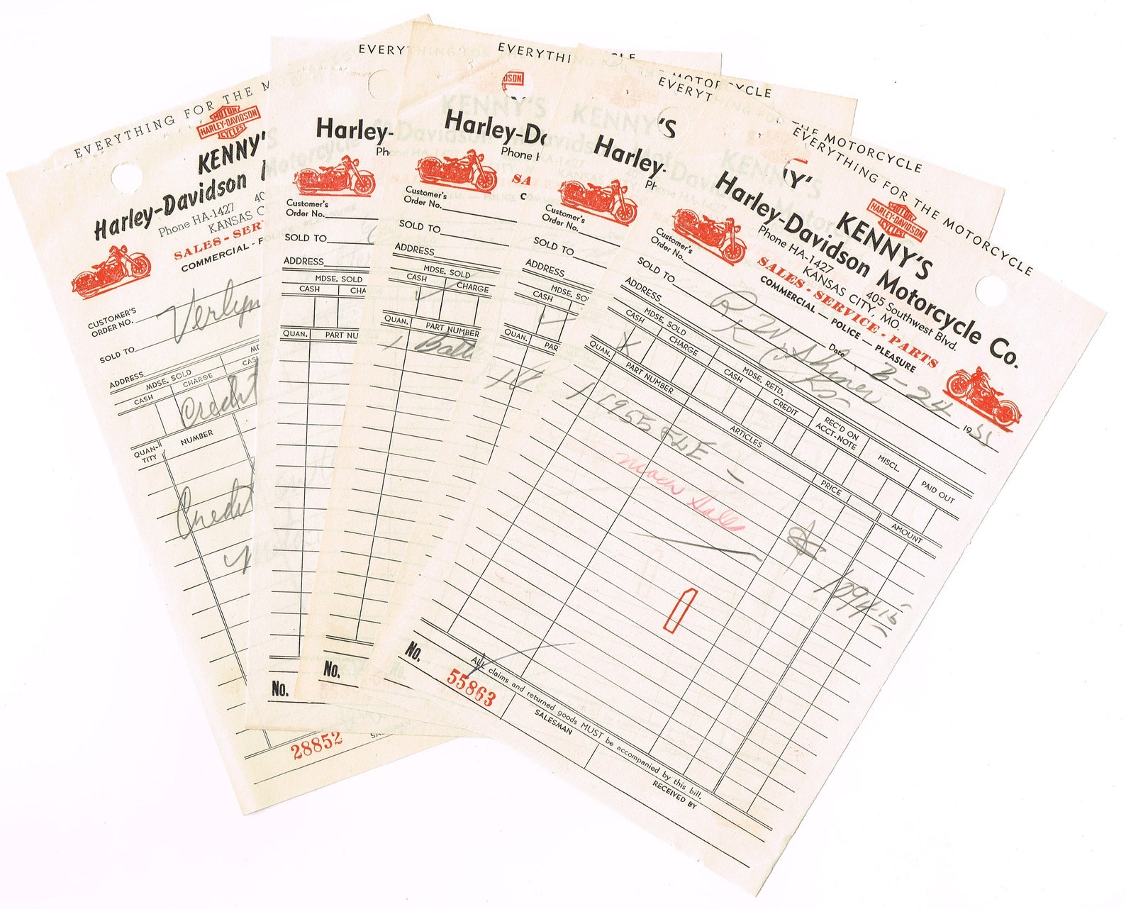 5 Original Harley Davidson Motorcycle Invoice Receipts 1955 Kansas City ...