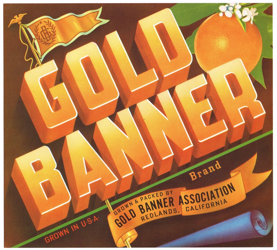 Original Vintage Orange Citrus Crate Label 1940s Redlands Gold Banner ...