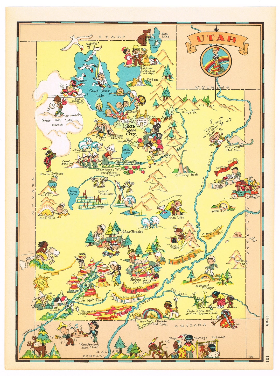 Original Scarce Vintage Ruth Taylor Map Cartoon Pictorial 1935 Utah ...