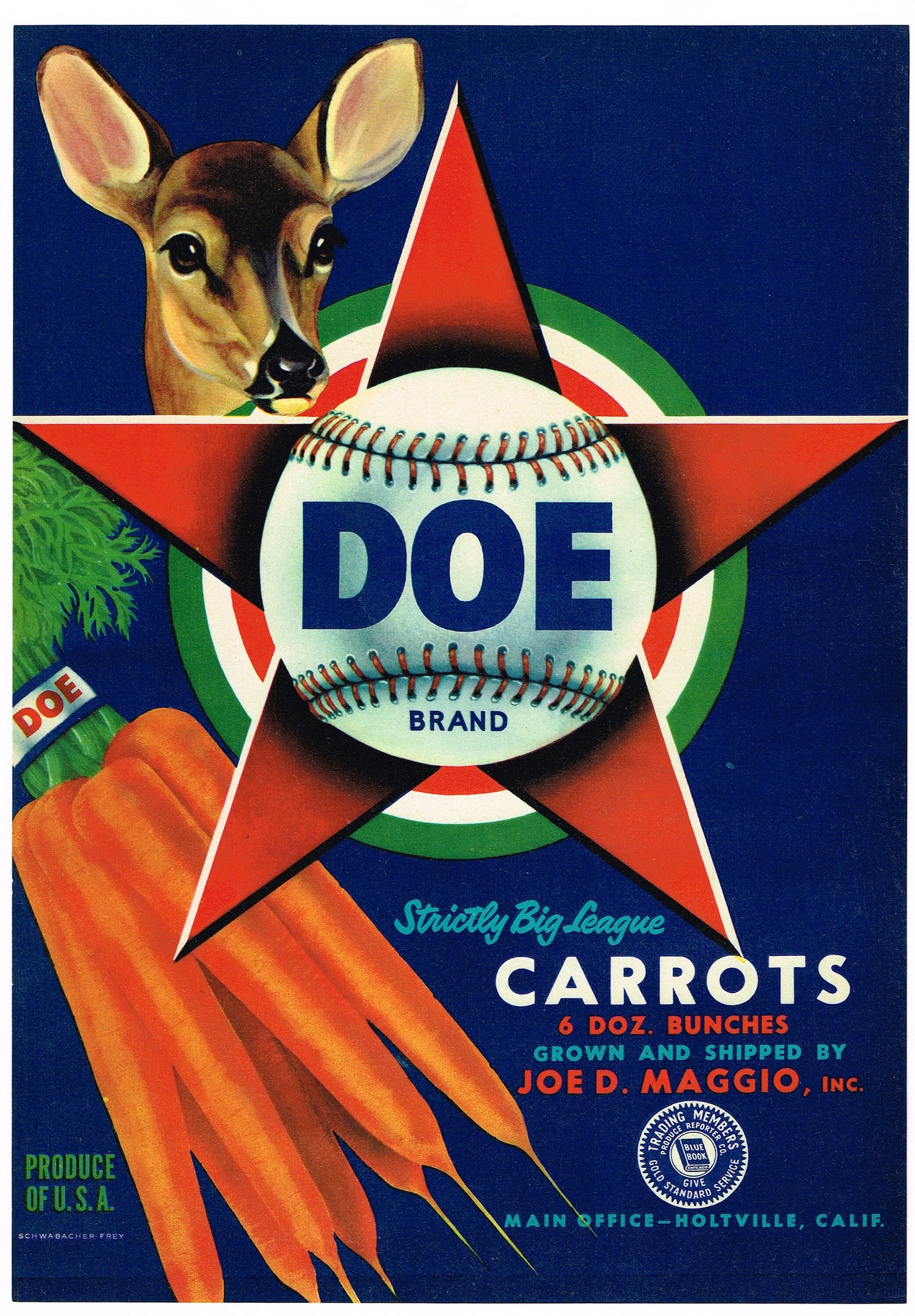Original Vintage Carrot Crate Label 1950s Doe Deer Joe Dimaggio D ...