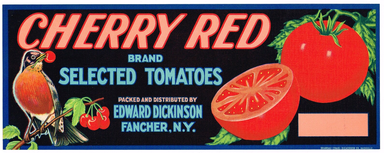Original Vintage Tomato Crate Label 1940s Cherry Red Robin Bird Fancher ...