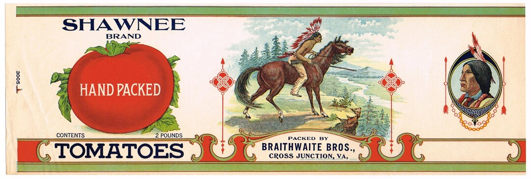 Original Antique Vintage Tin Can Label 1920s Rare Shawnee Brand Native ...