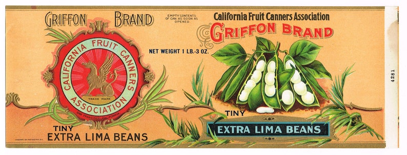 Original Vintage Tin Can Label C1920s Griffon Brand Extra Lima Beans ...